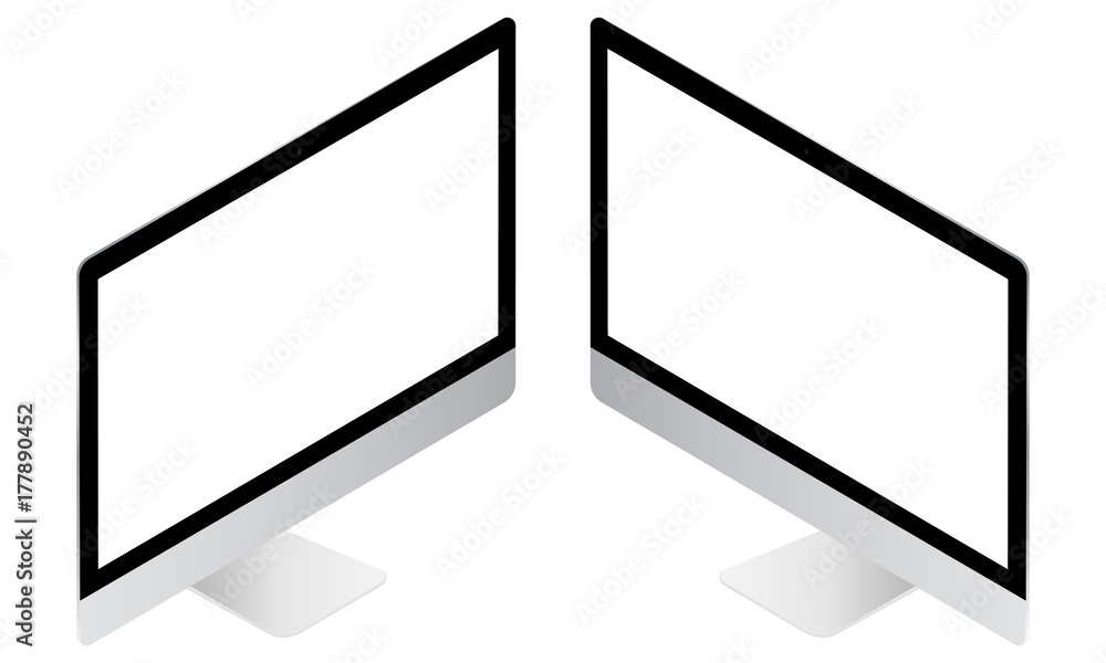 Computer monitor mockup with perspective view. Monitors with blank screens isolated on white ...