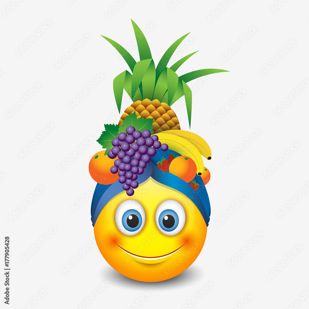 Cute smiling emoticon wearing fruit hat, emoji Stock Vector | Adobe Stock