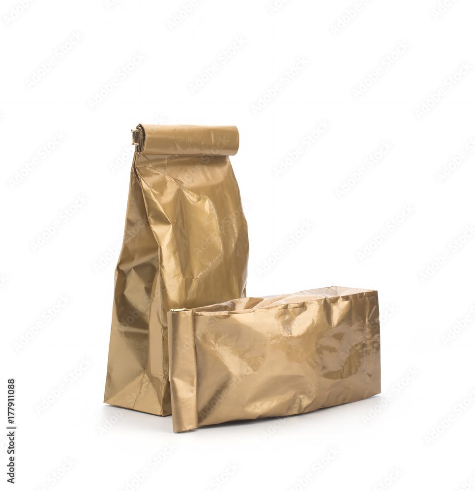Gold Foil plastic paper bag front and back view isolated on white ...