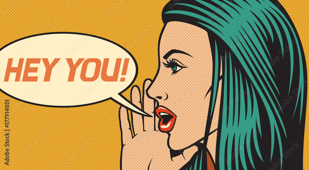 hey you - vector illustration of beautiful woman calling someone ...