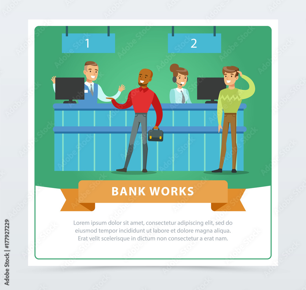 Clients and managers at the bank office, bank works banner for ...