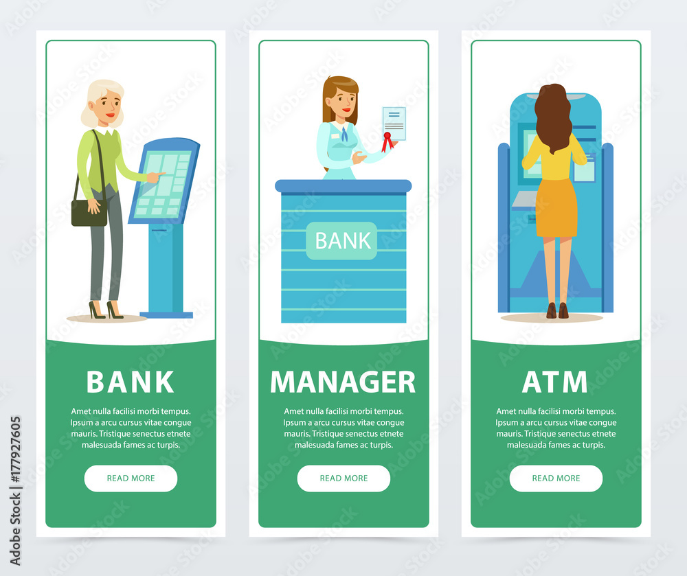 Banking service set, ATM, registration and payment terminal, staff ...