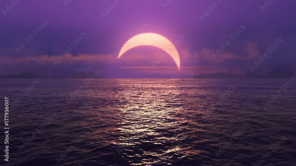 Purple sunset and solar eclipse over seamlessly looped ocean. Stock ...