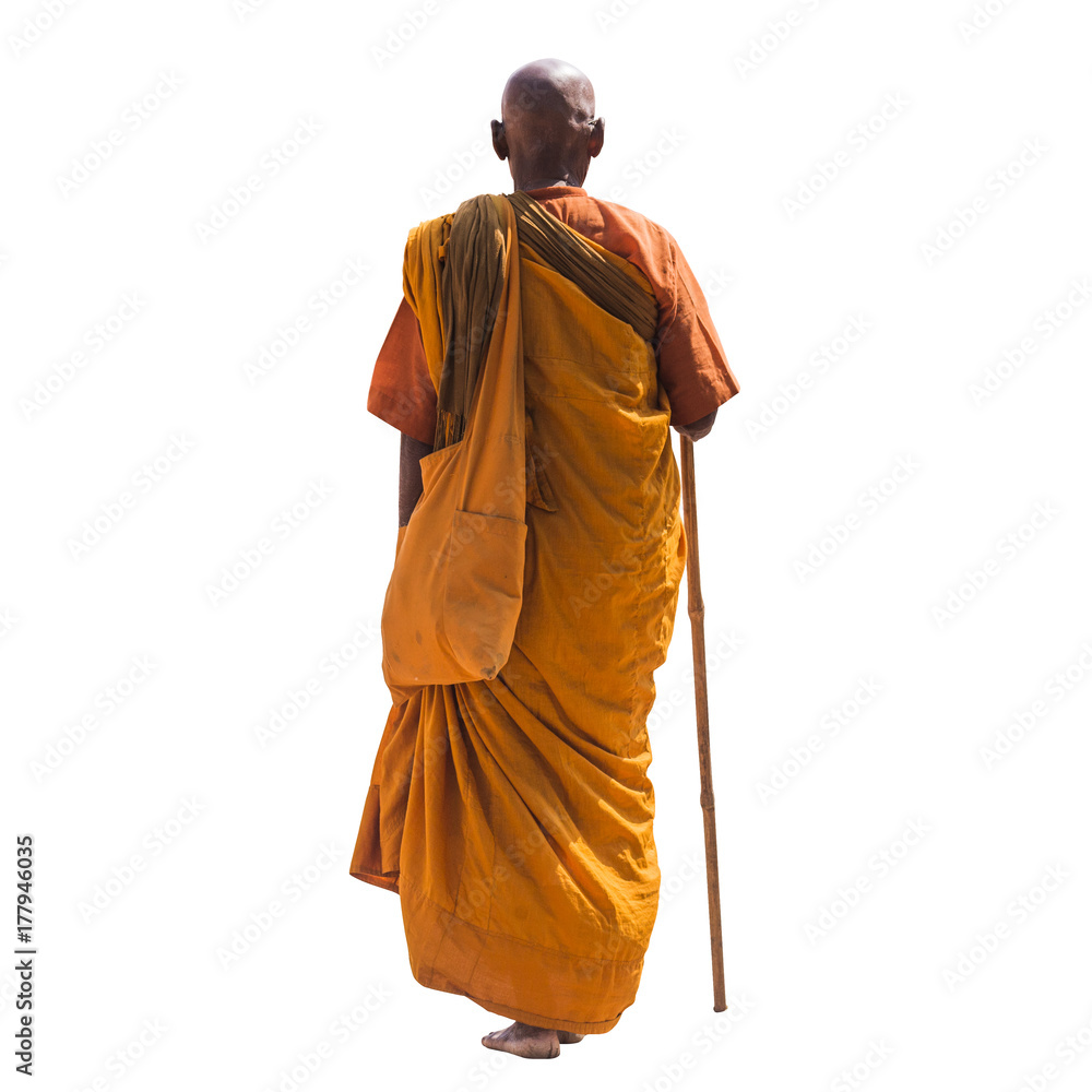 Old monk holding a walking stick isolated on white background, include ...