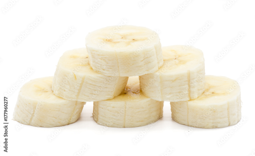 Pyramid of sliced banana circles isolated on white background Stock ...