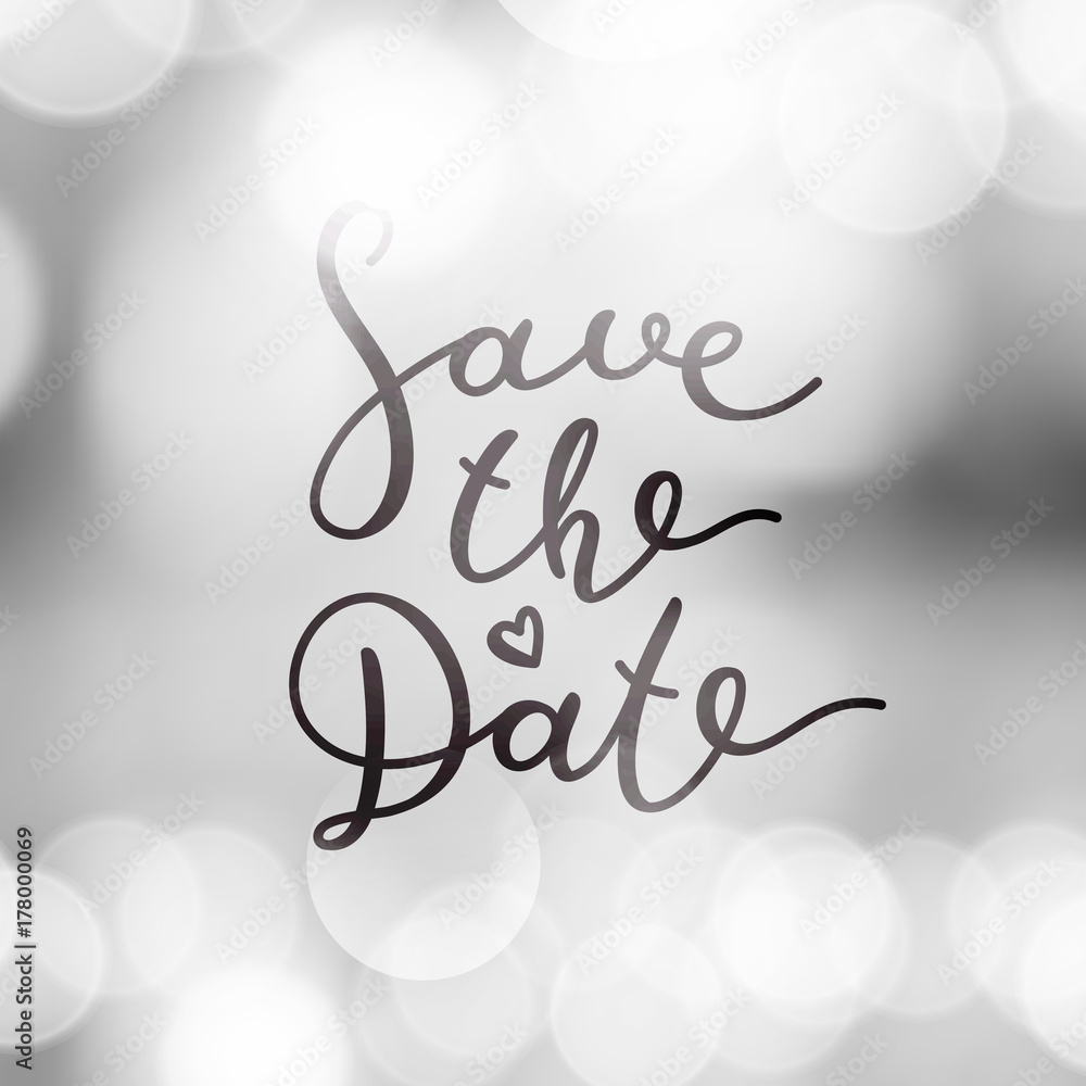 save the date lettering, vector handwritten text on blurred lights ...