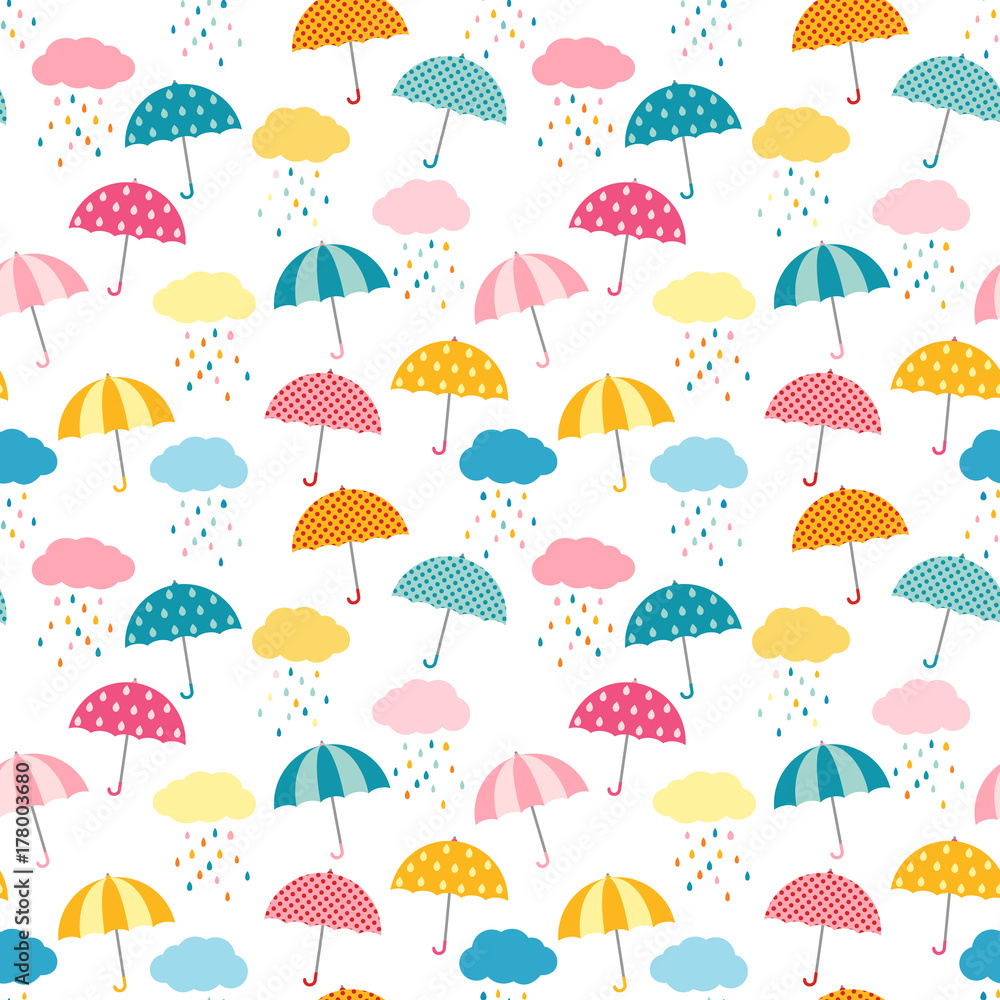 Cute and colorful vector umbrella seamless pattern with clouds and rain ...