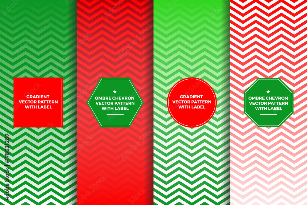 Christmas Red Green White Ombre Chevron Vector Patterns with Label ...