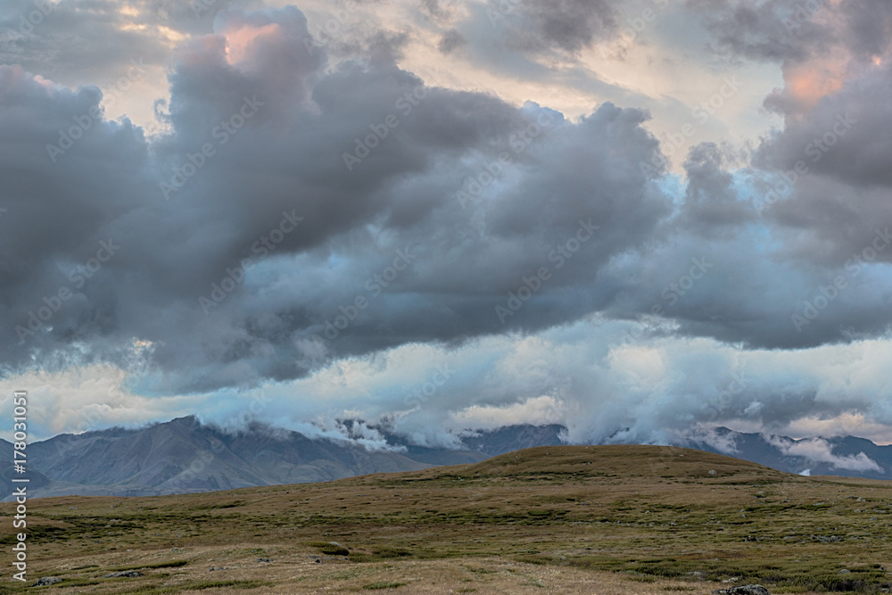 Panoramic view of plain with hills and mountains on background Stock ...