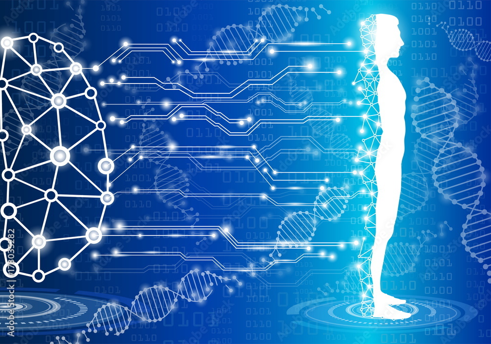 abstract background technology concept in blue light,brain and human ...