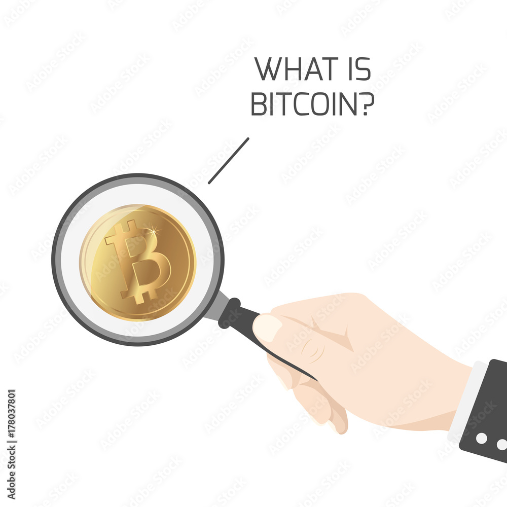 What is Bitcoin. Hand holding magnifying glass on golden coin with ...