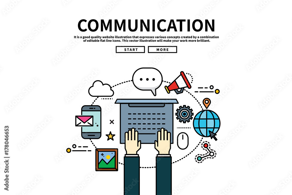 Flat line vector editable graphic website illustration, communication ...