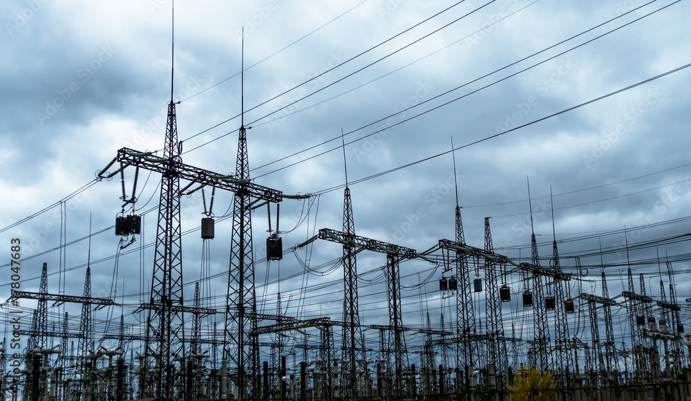 distribution electric substation with power lines and transformers ...
