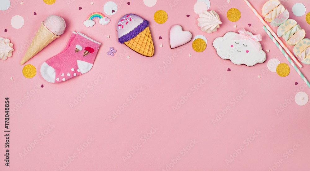 Cute Happy Birthday party background with ice cream cone and ...