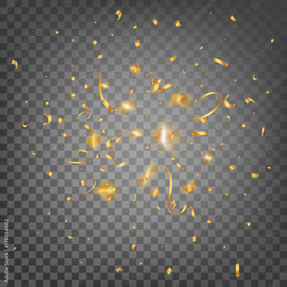 Gold Confetti. Realistic shiny golden confetti isolated on transparent ...