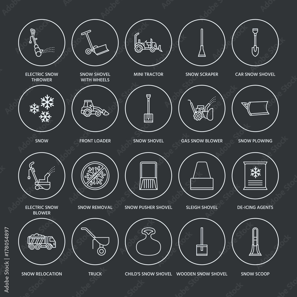 Snow removal flat line icons. Ice relocation service signs. Cold ...