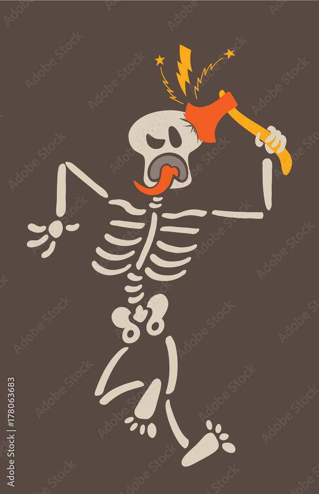 Weird skeleton giving a violent blow to its own skull with a sharp axe ...