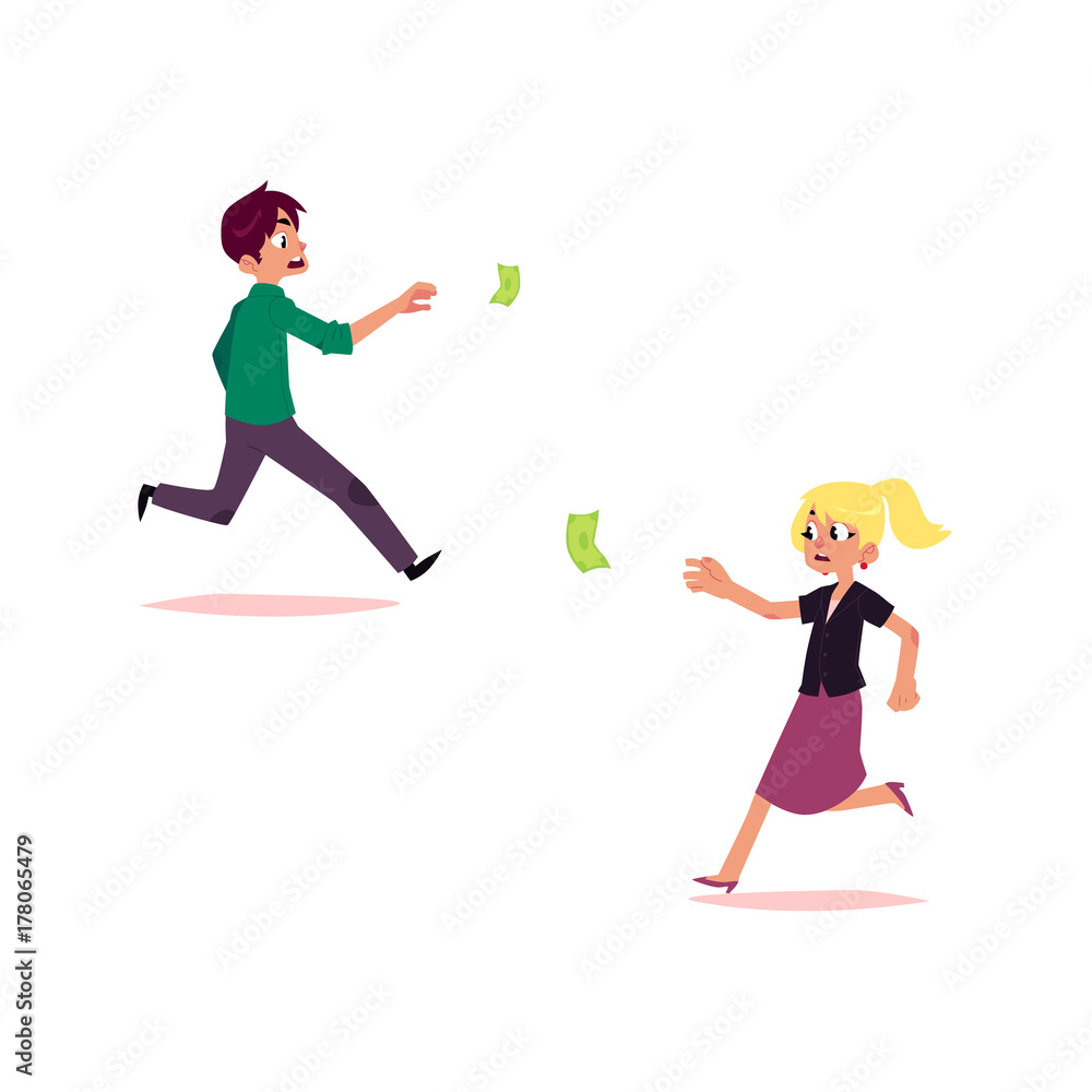 vector flat cartoon girl and boy running for money. Female, male Clerk ...