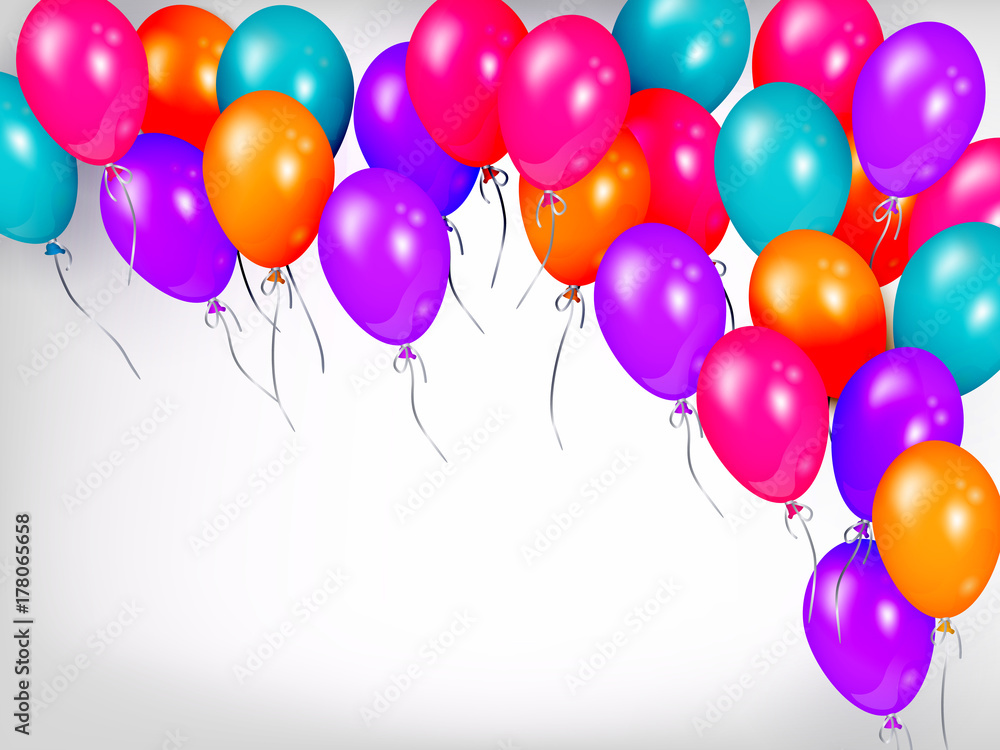 Horizontal line, border of shiny colorful balloons, party banner ...