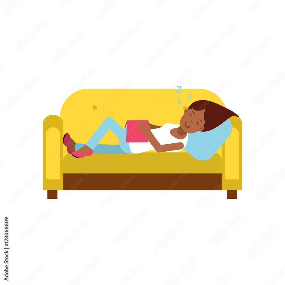 Beautiful black girl sleeping on yellow sofa with book, relaxing person ...