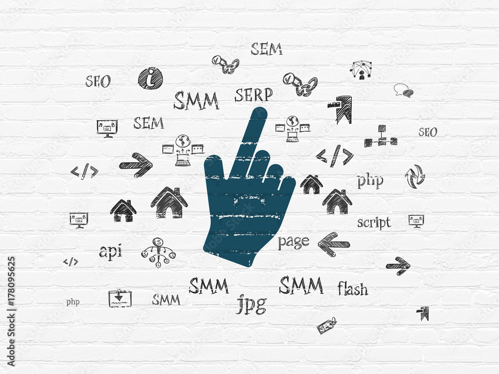 Web design concept: Painted blue Mouse Cursor icon on White Brick wall ...