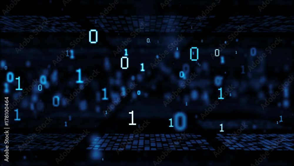 3d rendering. Many bytes of binary code flying through a camera, with ...