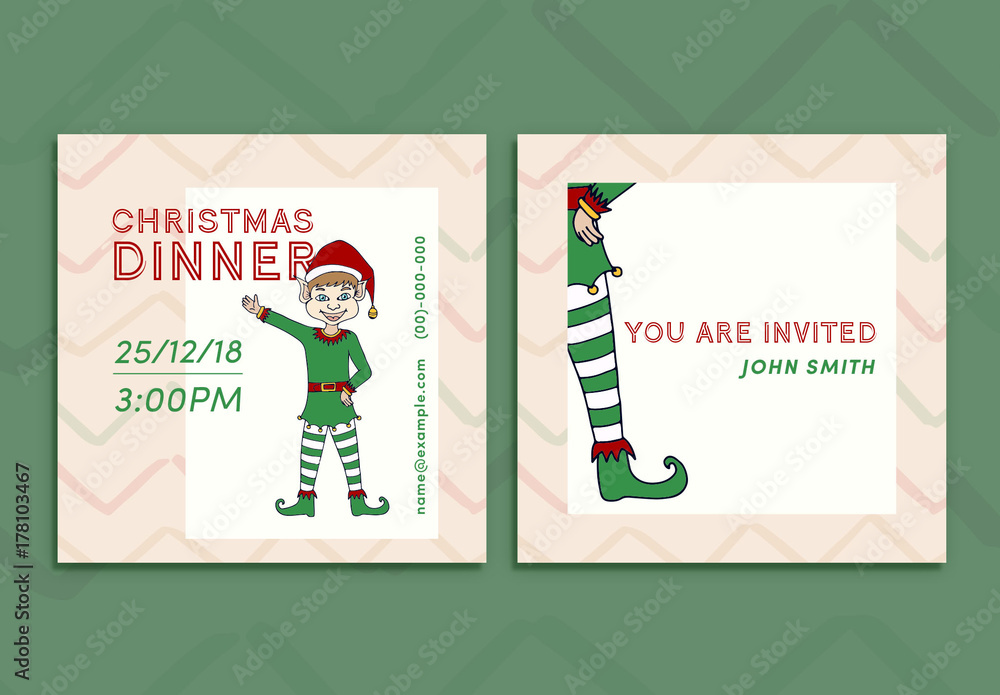 Square Christmas Party Card Layout with a Cartoon Elf Stock Template ...