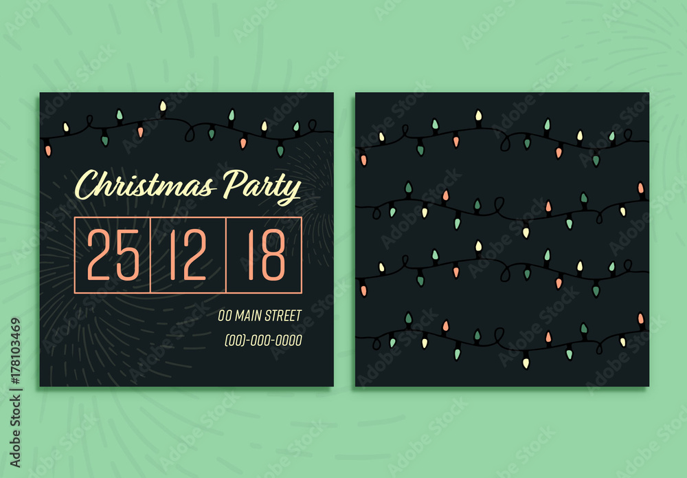Square Christmas Party Card Layout with Lights Stock Template | Adobe Stock