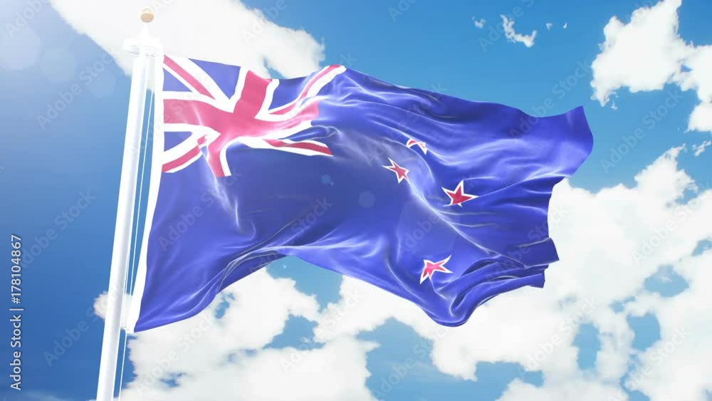Realistic flag of New Zealand waving against time-lapse clouds ...