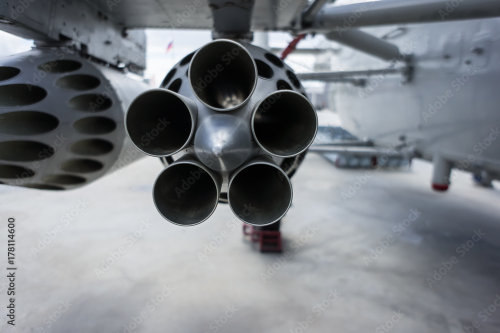 Missile launcher of heavy military helicopter ready to attack, modern ...