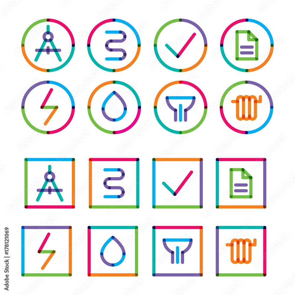Beautiful round and square building communication icons, drawn with ...