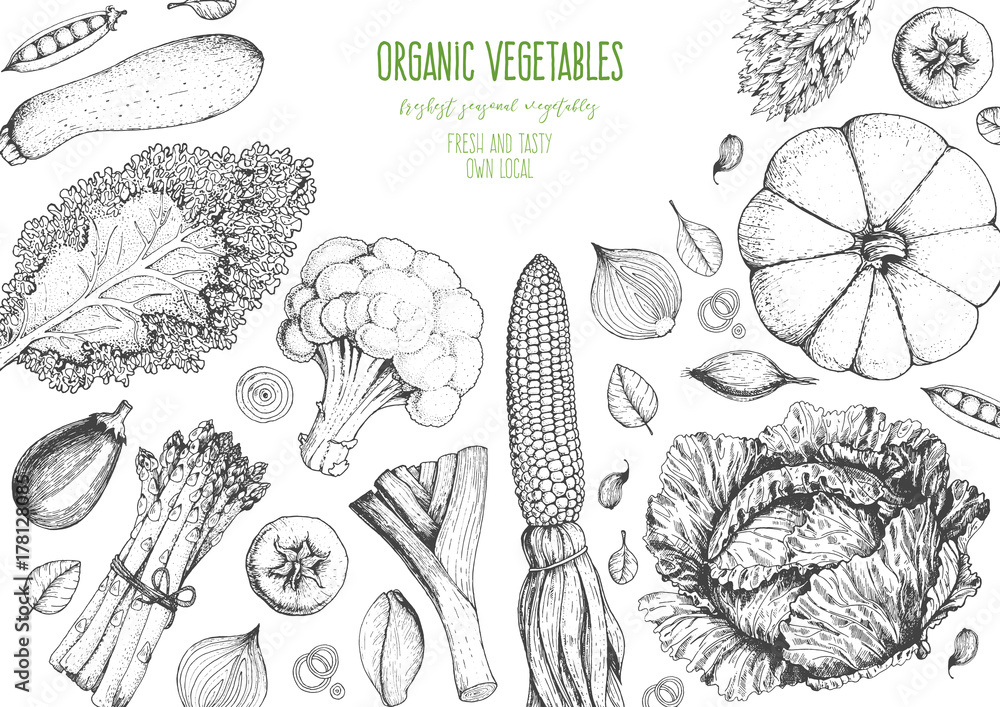 Vegetables top view frame. Farmers market menu design template. Organic ...