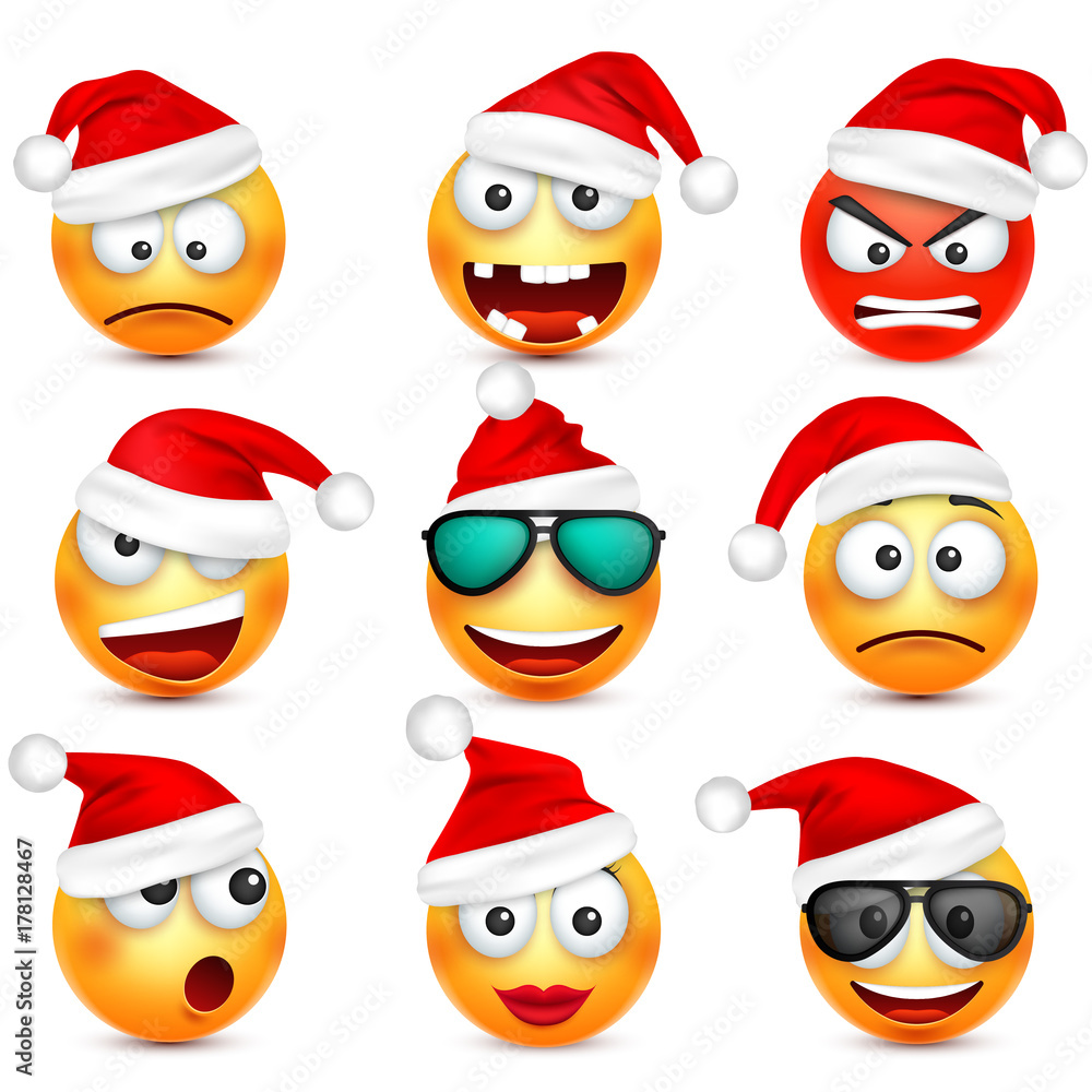 Smiley,emoticon set. Yellow face with emotions and Christmas hat. New ...