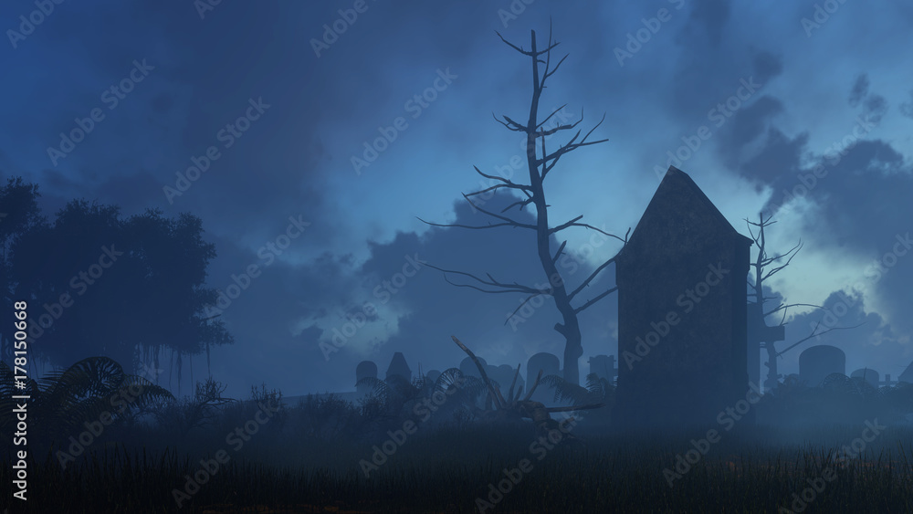 Mystical scenery with old tombstone and creepy dead tree at abandoned ...