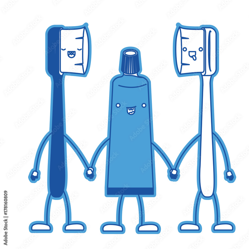 cartoon couple toothbrushes and toothpaste in blue silhouette Stock ...
