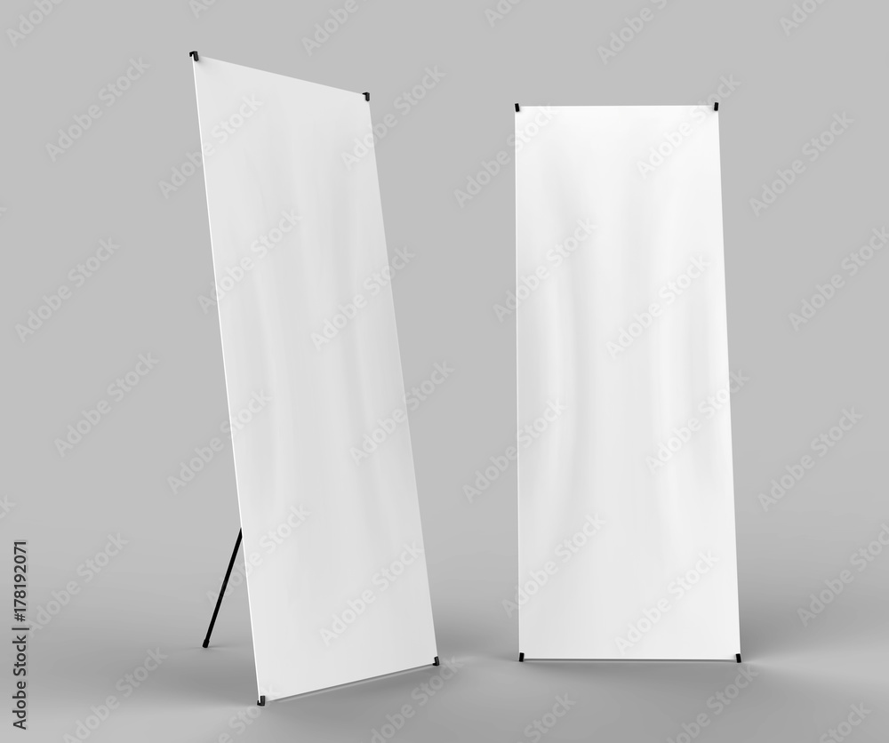 X-STYLE COLLAPSIBLE BANNER STAND READY FOR YOUR DESIGN. Blank white 3d ...
