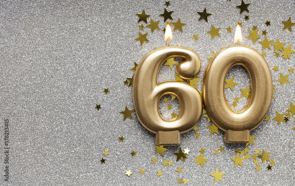 Number 60 gold celebration candle on star and glitter background Stock ...