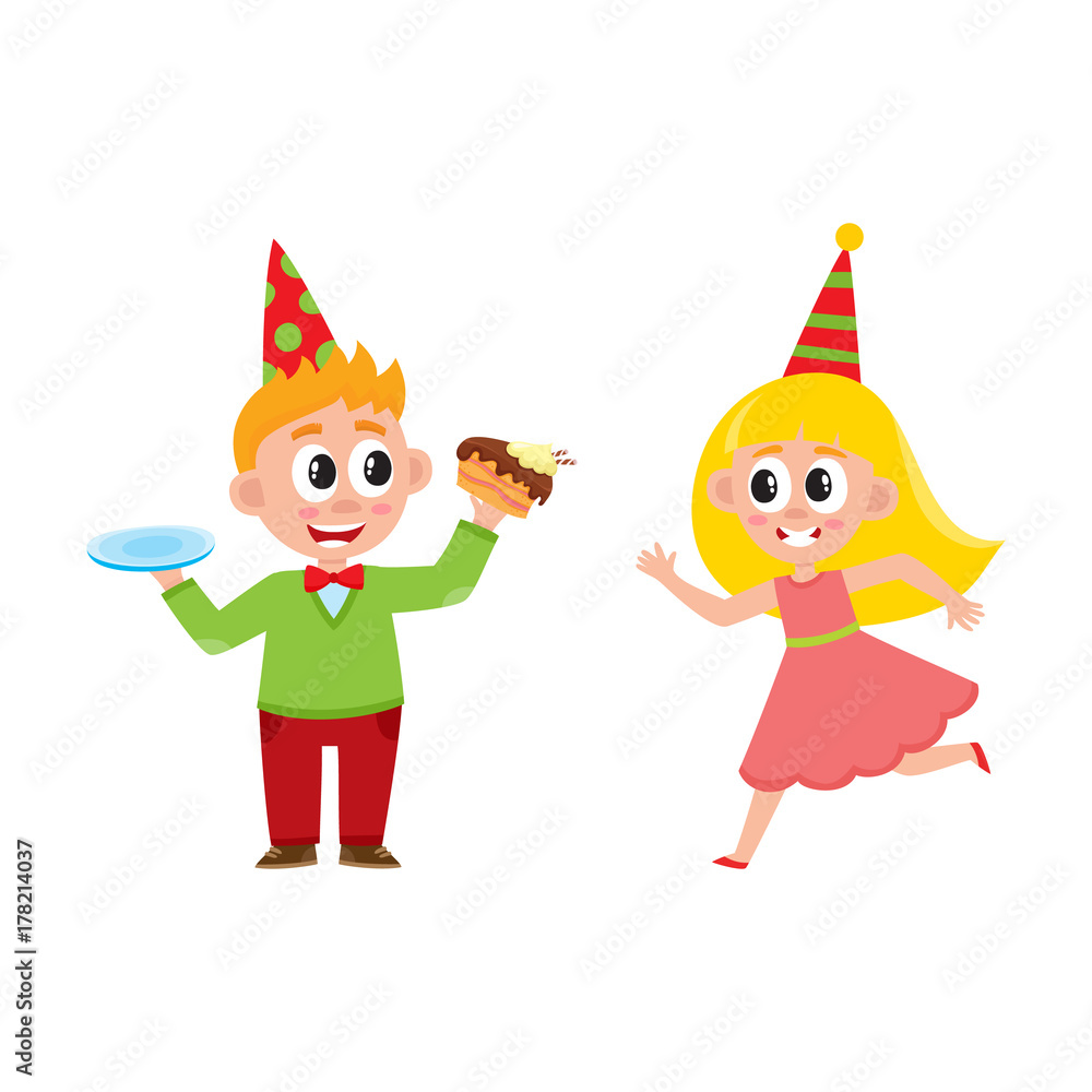 vector flat cartoon boy kid in party hat eating sweet piece of cake ...