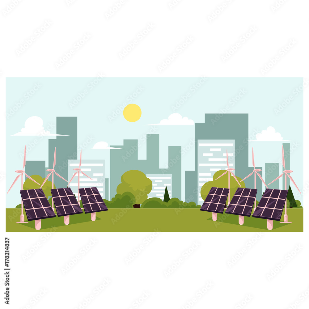 vector flat cartoon Alternative eletricity source scenes set. solar ...