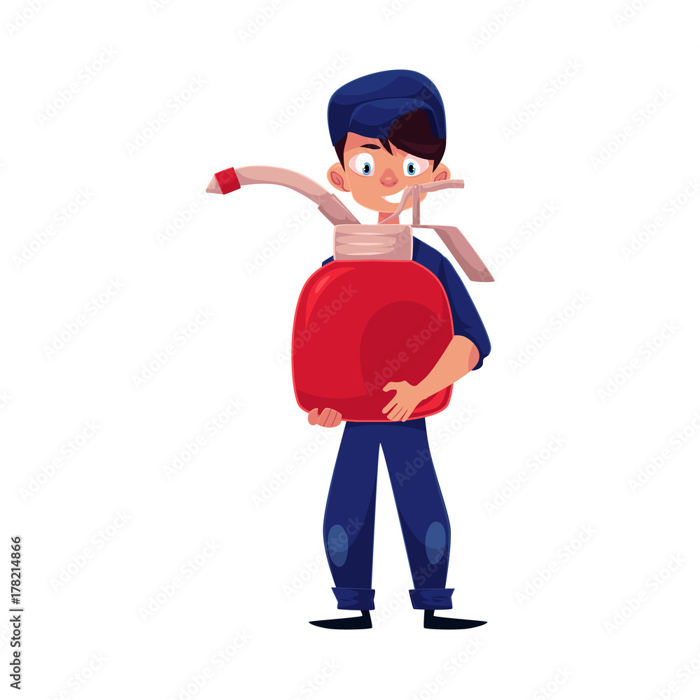 vector flat cartoon funny young man, boy mechanic in blue uniform ...