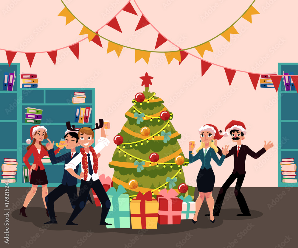 People in Santa Claus hats having corporate Xmas party, celebrating ...