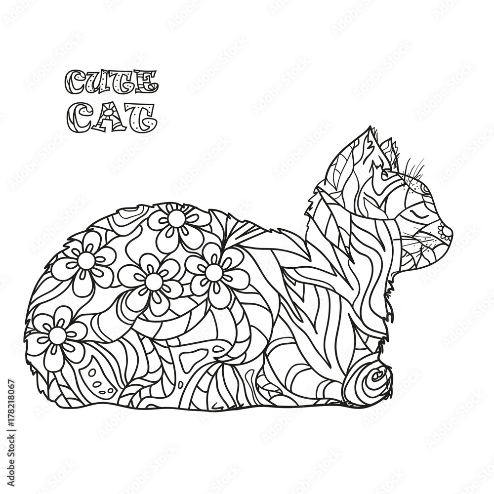 Cat. Hand drawn cat with abstract patterns on isolation background ...
