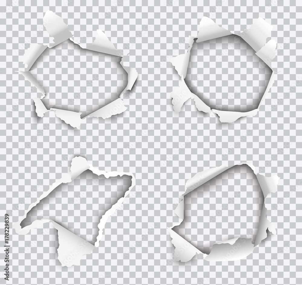 Set of vector realistic holes torn in white paper isolated on ...