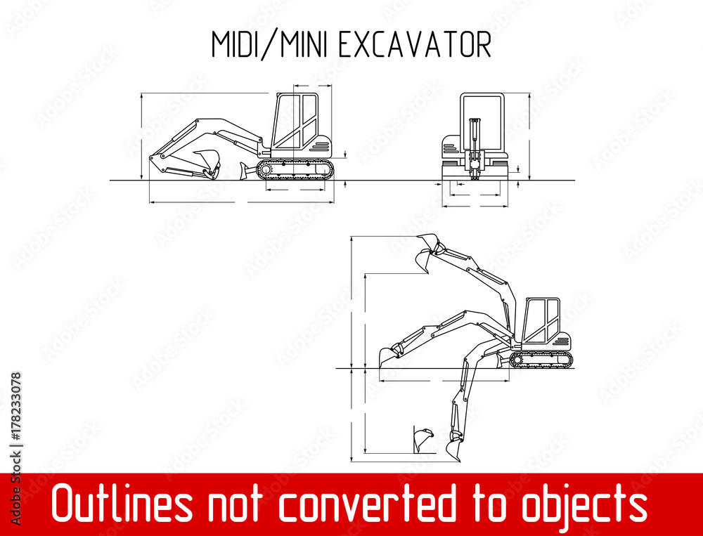 typical mini excavator overall dimensions outline blueprint template ...