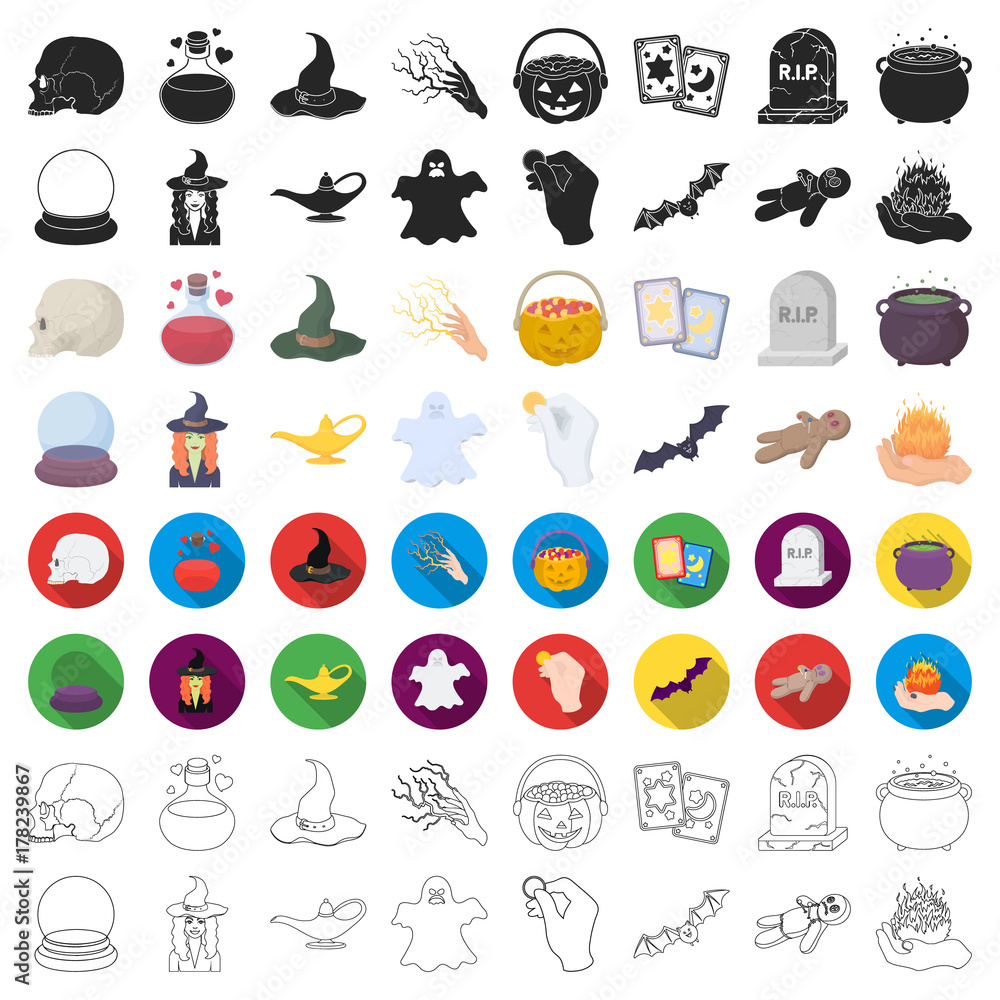 cartoon and white magic set icons in cartoon style. Big collection of ...