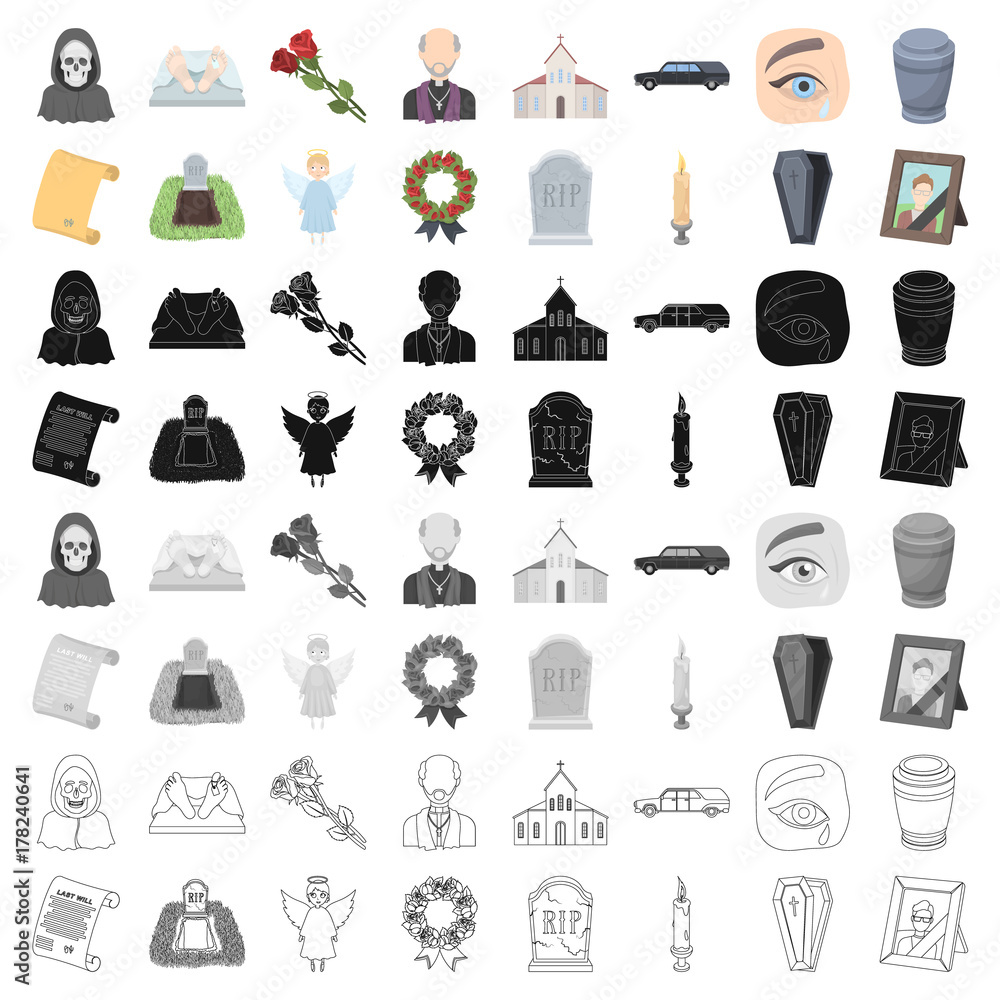 Funeral ceremony set icons in cartoon style. Big collection of funeral ...