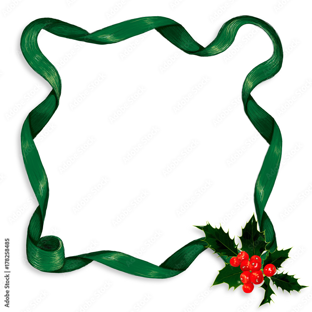 Curly dark green ribbon border with holly and berries in one corner ...