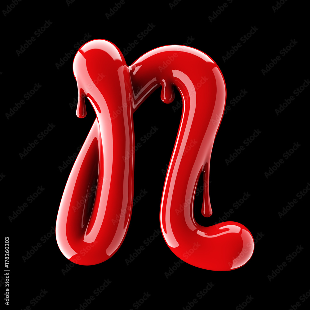 Leaky red alphabet on black background. Handwritten cursive letter N ...