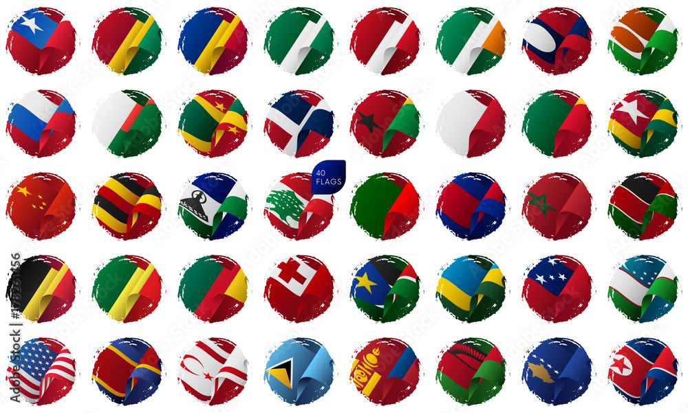 Waving world flags set, brush stroke background. Vector illustration ...