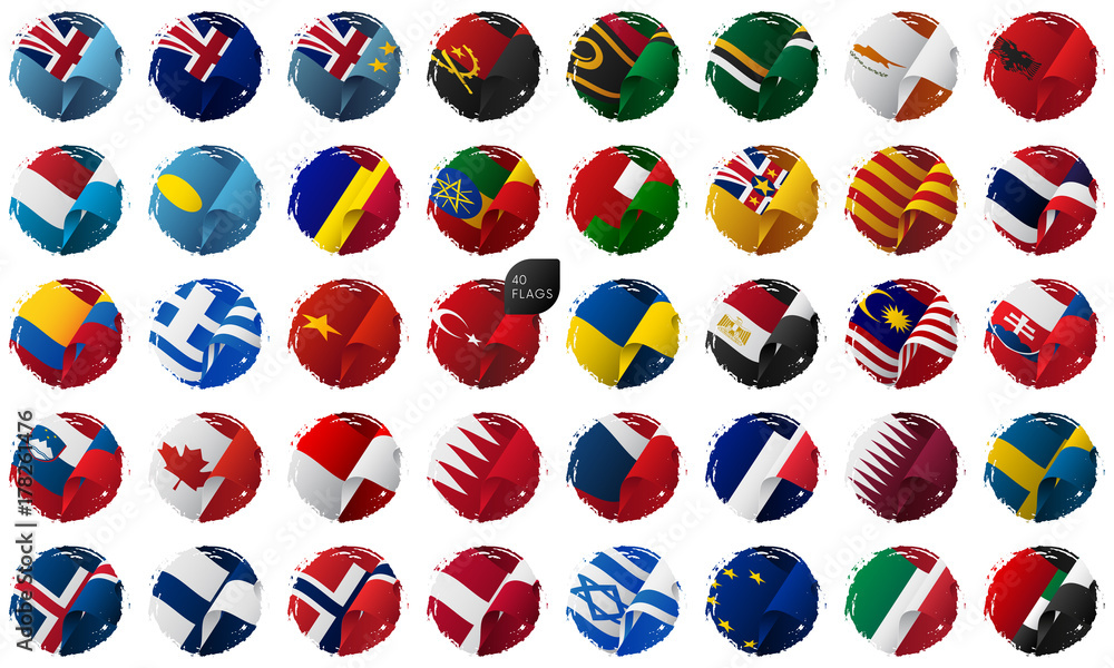 Waving world flags set, brush stroke background. Vector illustration ...